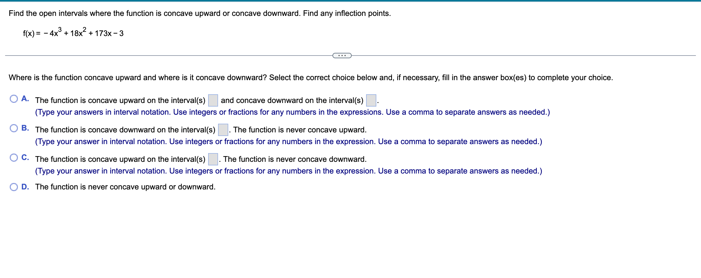 Solved f(x)=−4x3+18x2+173x−3 Where is the function concave | Chegg.com