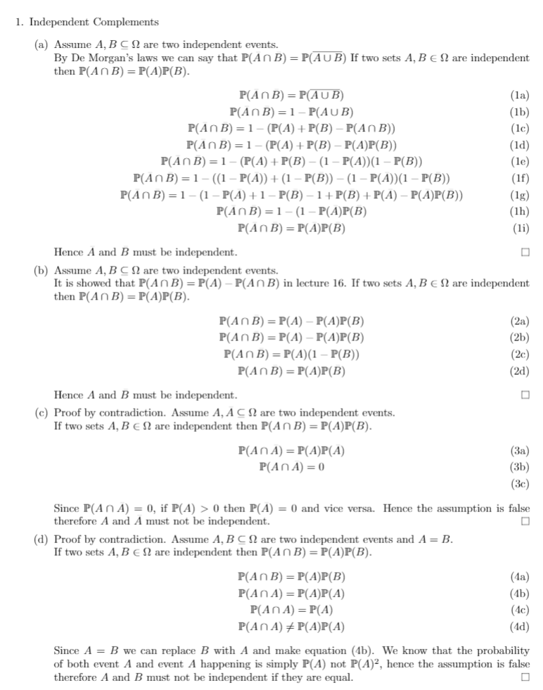 Solved 1 Independent Complements Let S2 be a sample space, | Chegg.com