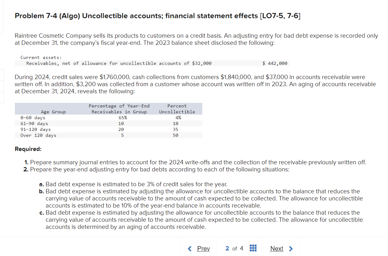 Solved Problem 7-4 (Algo) Uncollectible accounts; financial | Chegg.com