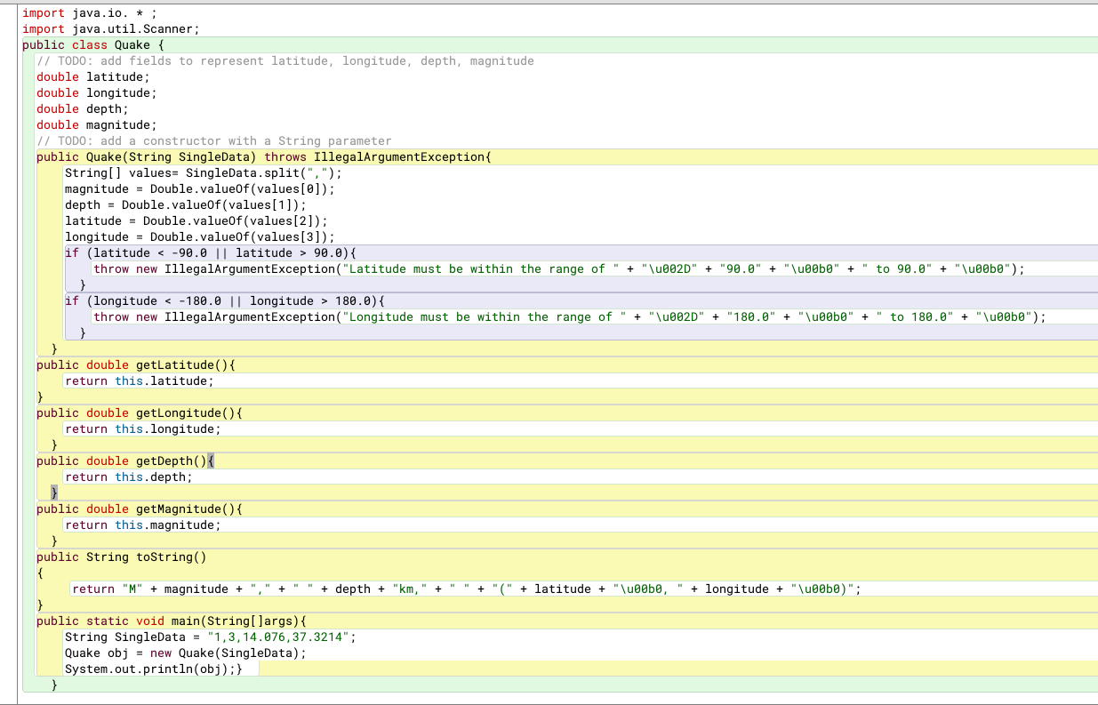 Solved 3 QuakeDataset Class This class represents an entire | Chegg.com Solved 3 QuakeDataset Class This class represents an entire | Chegg.com