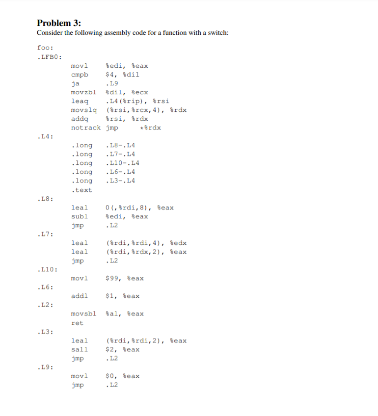 Solved Problem 3: Consider the following assembly code for a | Chegg.com