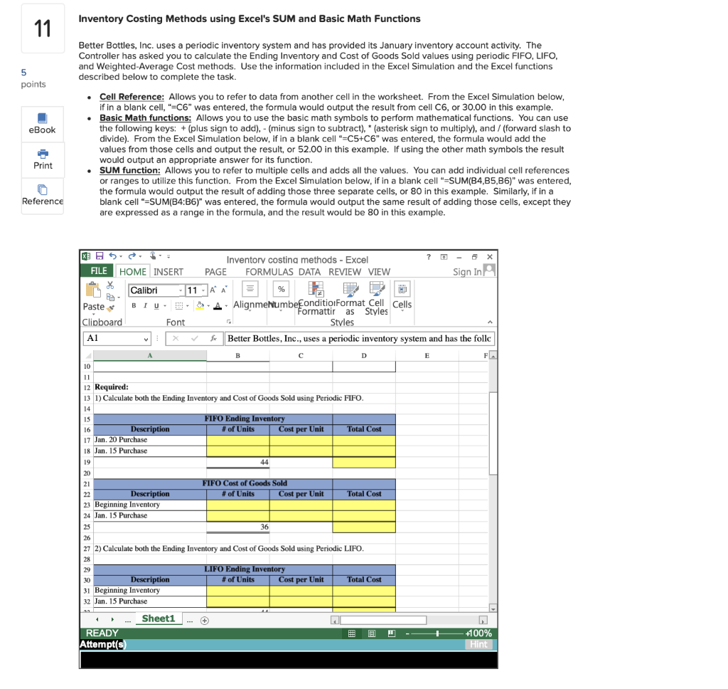 Solved Inventory Costing Methods using Excel's SUM and Basic | Chegg.com