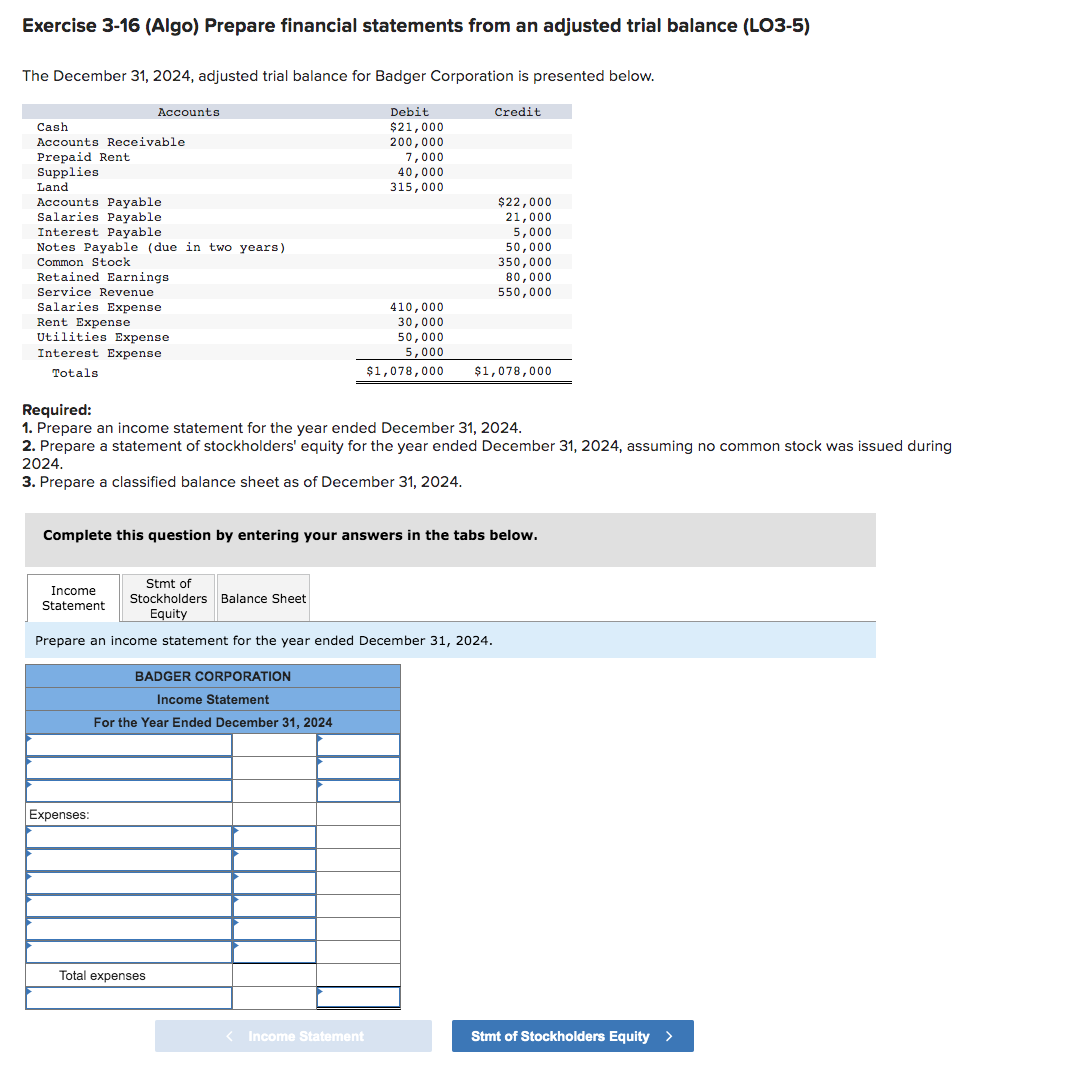Solved Exercise 3-16 (Algo) Prepare financial statements | Chegg.com