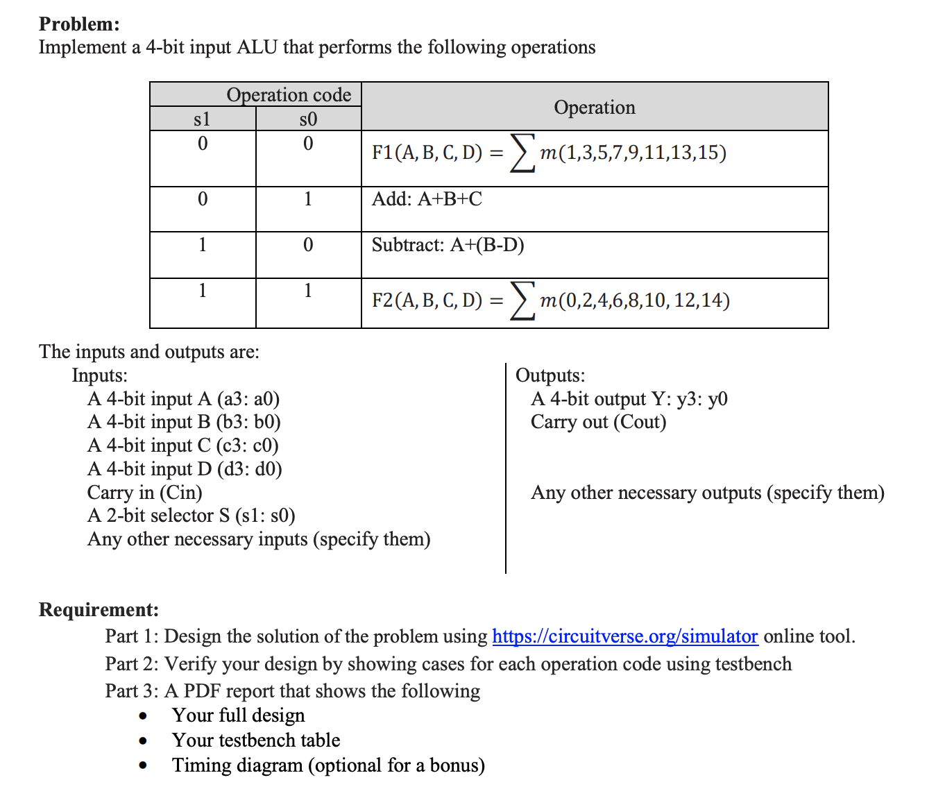 Problem: Implement a 4-bit input ALU that performs | Chegg.com