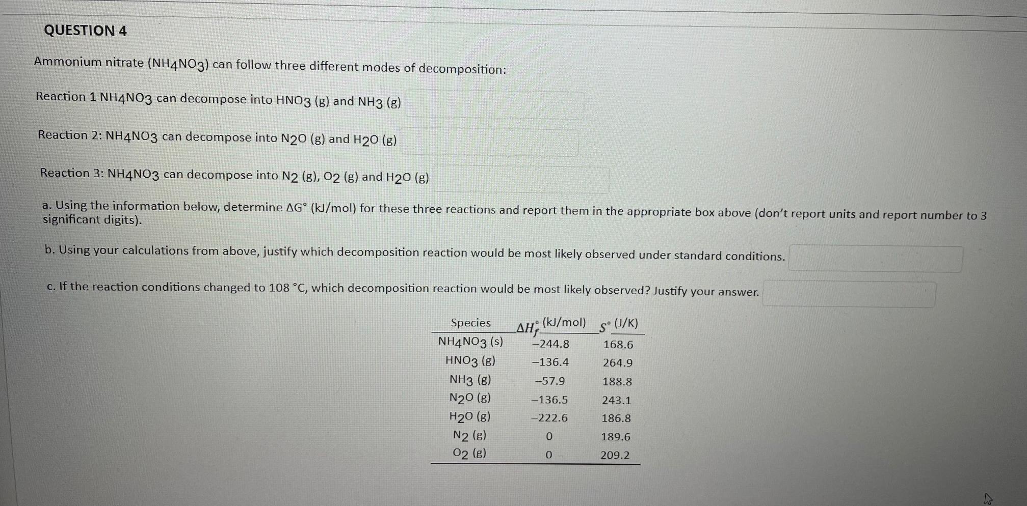 Solved QUESTION 4 Ammonium nitrate (NH4NO3) can follow three | Chegg.com