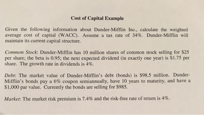 Solved Cost of Capital Example Given the following | Chegg.com