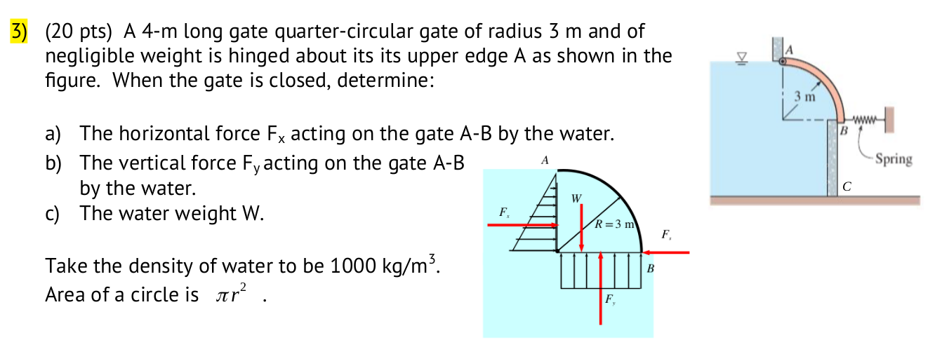 Solved 3) (20 pts) A 4-m long gate quarter-circular gate of | Chegg.com