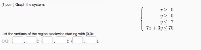 Solved (1 point) Graph the system: r2 0 7x3y 70 List the | Chegg.com