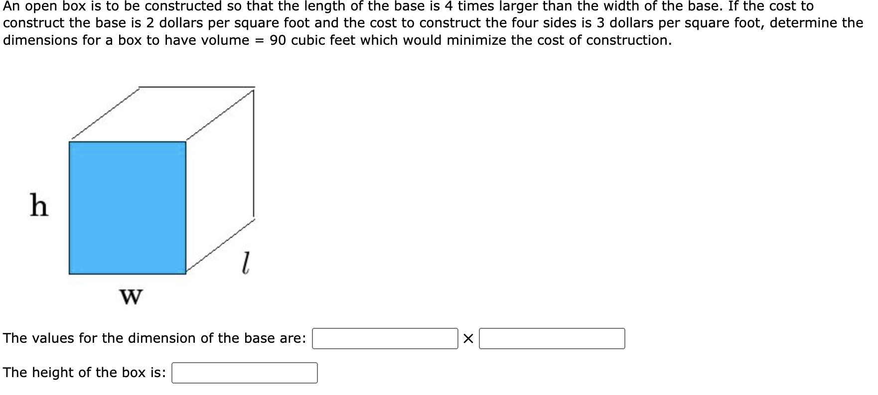 Solved An open box is to be constructed so that the length | Chegg.com