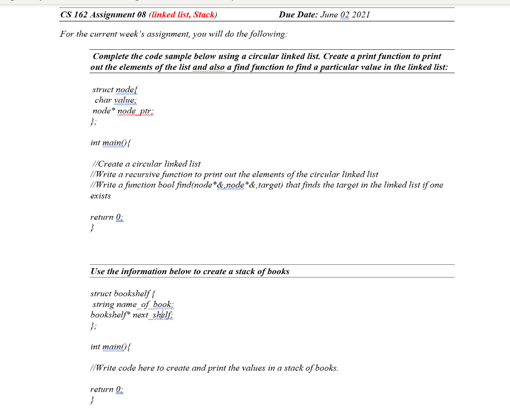 Solved CS 162 Assignment 08 (linked list, Stack) Due Date: | Chegg.com