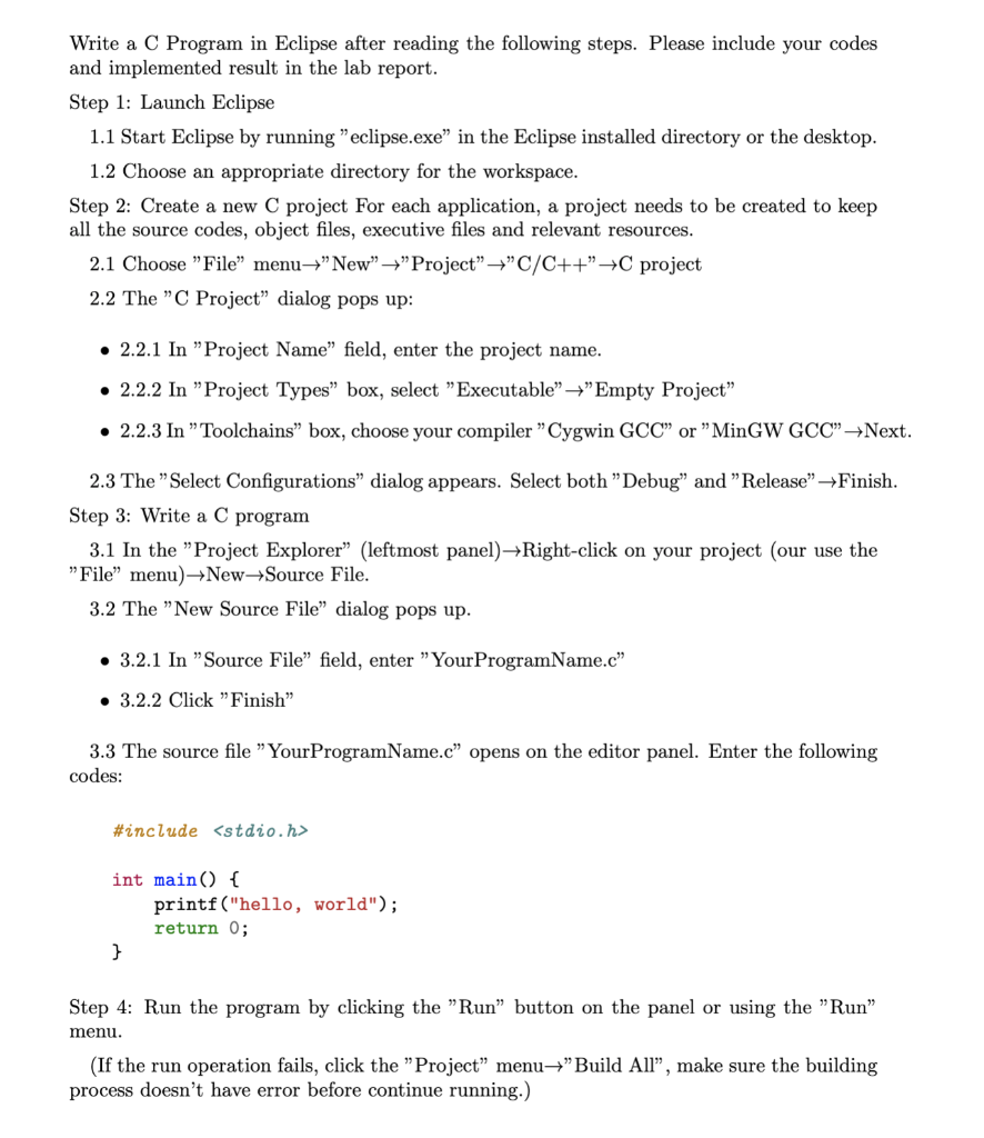 Solved Write A C Program In Eclipse After Reading The Chegg