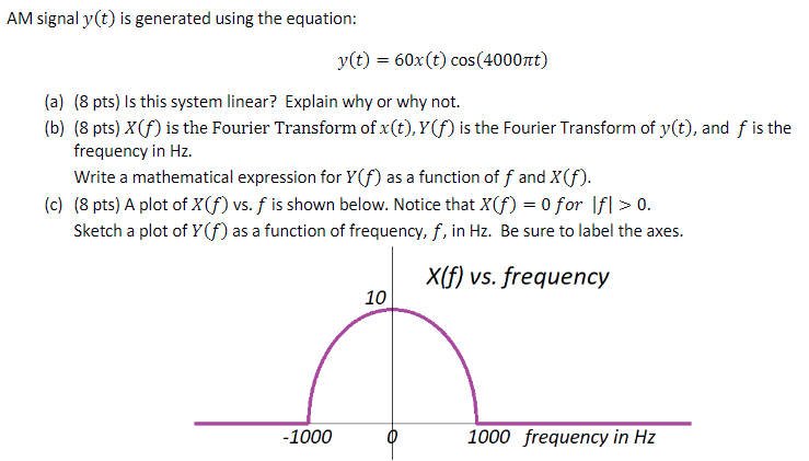 Solved AM signal y(t) is generated using the equation: | Chegg.com