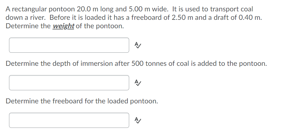 Solved A rectangular pontoon 20.0 m long and 5.00 m wide. It | Chegg.com