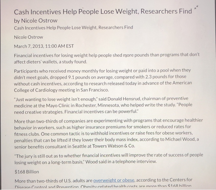 Solved Cash Incentives Help People Lose Weight, Researchers | Chegg.com