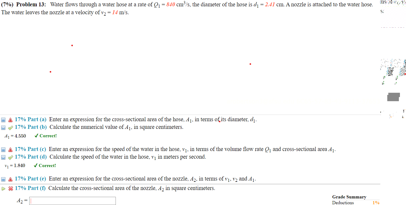 Solved (7\%) Problem 13: Water flows through a water hose at | Chegg.com
