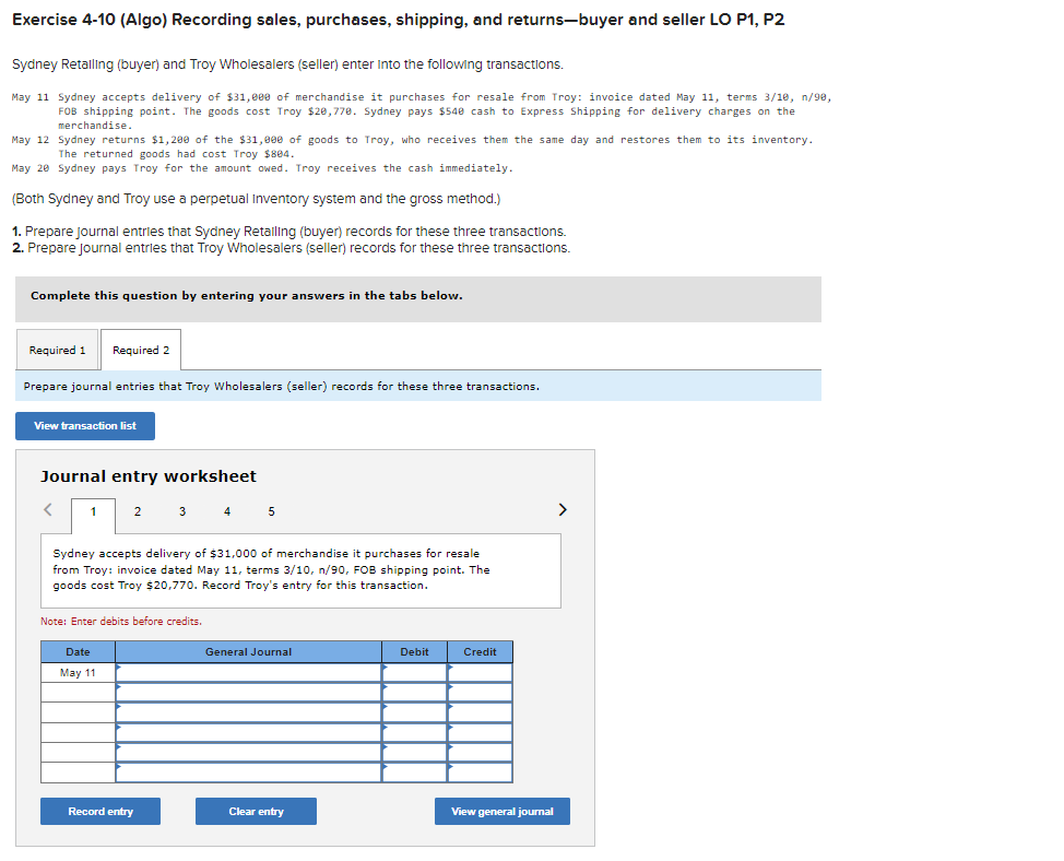 Solved Exercise 4-10 (Algo) Recording sales, purchases, | Chegg.com