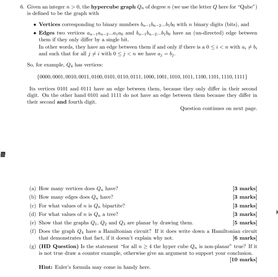 Solved 6. Given an integer n > 0, the hypercube graph Qn of | Chegg.com
