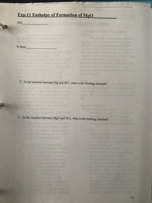 Exp.11 Enthalpy of Formation of MgO PRELAB QUESTIONS | Chegg.com
