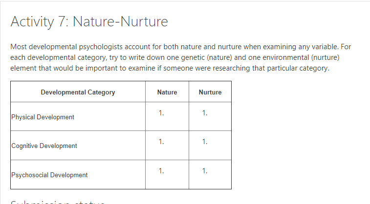 Solved Activity 7: Nature-Nurture Most developmental | Chegg.com