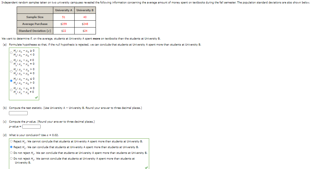 Solved Independent random samples taken on two university | Chegg.com