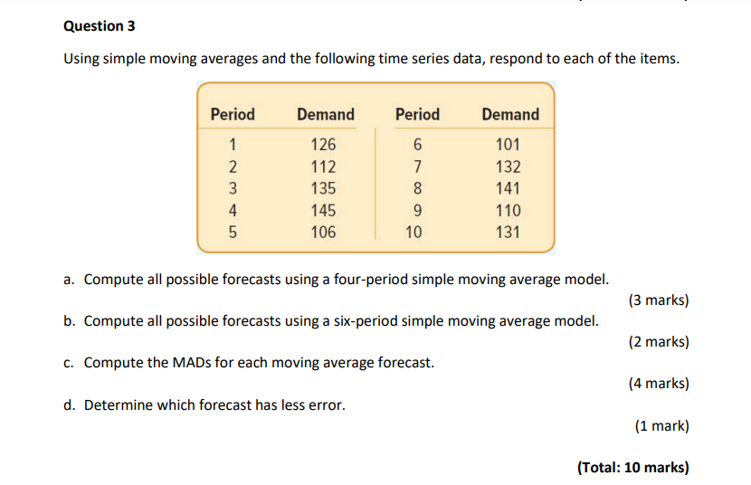 Solved Using simple moving averages and the following time | Chegg.com