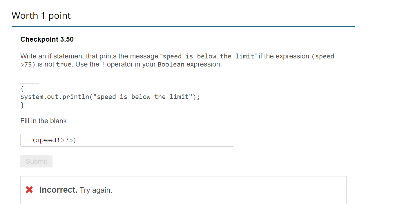 Solved Worth 1 point Checkpoint 3.50 Write an if statement | Chegg.com