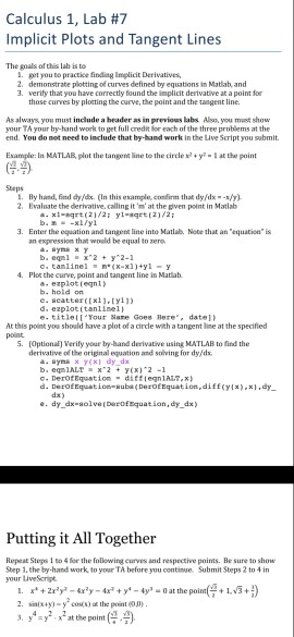 Solved Calculus 1, Lab #7 Implicit Plots and Tangent Lines | Chegg.com