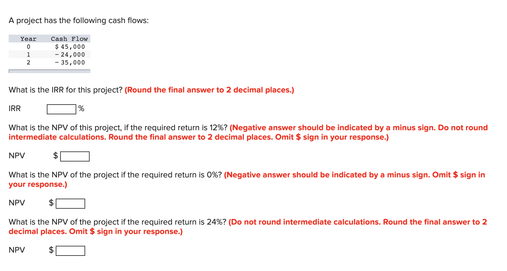 Solved A project has the following cash flows: What is the | Chegg.com