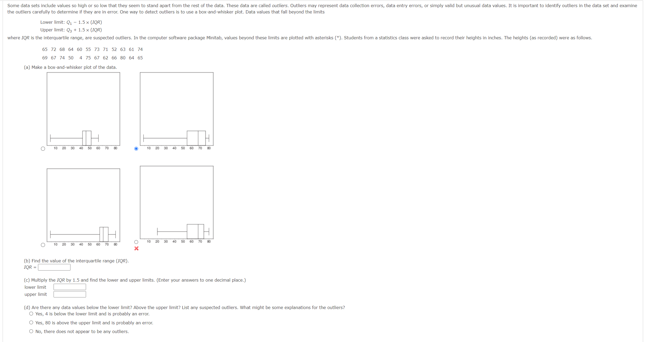 Solved the outliers carefully to determine if they are in | Chegg.com
