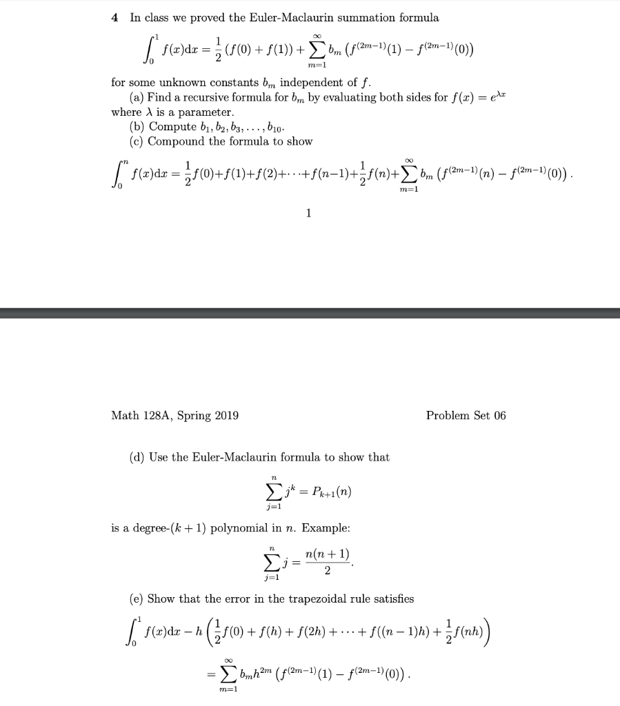 Solved 4 In class we proved the Euler-Maclaurin summation | Chegg.com