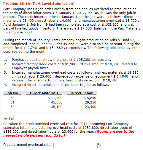 Solved Problem 16-1A (Part Level Submission) Lott Company | Chegg.com
