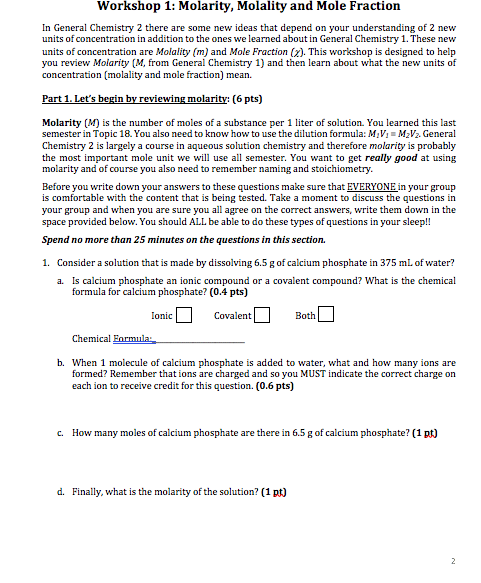 Solved Workshop 1: Molarity, Molality and Mole Fraction In | Chegg.com