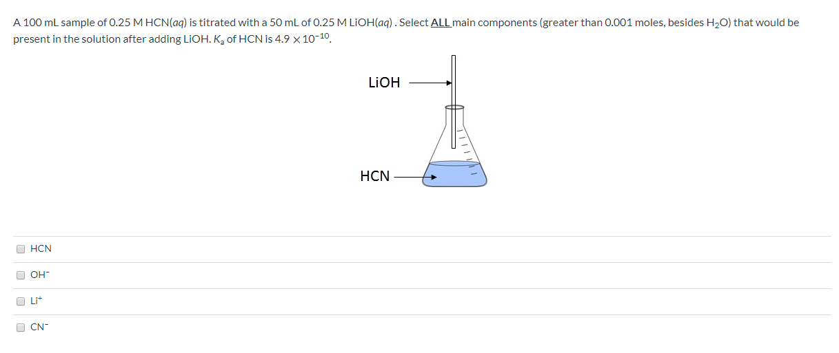 Solved A 100 mL sample of 0.25 M HCN(aq) is titrated with a | Chegg.com