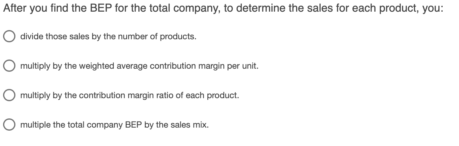 Solved After you find the BEP for the total company, to | Chegg.com