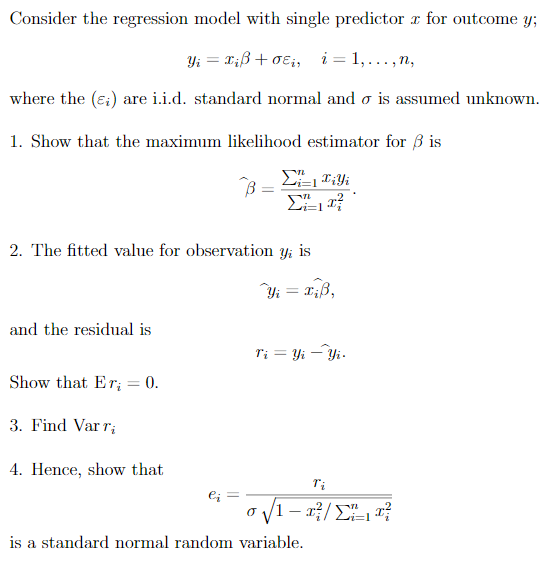 Consider The Regression Model With Single Predictor X 