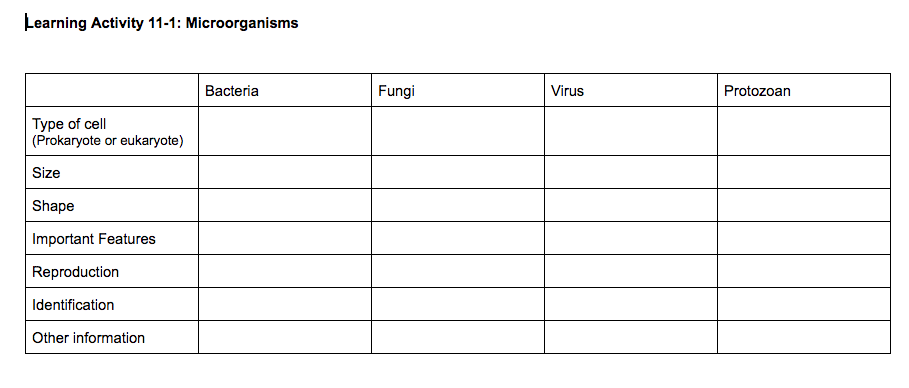 Solved Learning Activity 11-1: Microorganisms Bacteria Fungi | Chegg.com