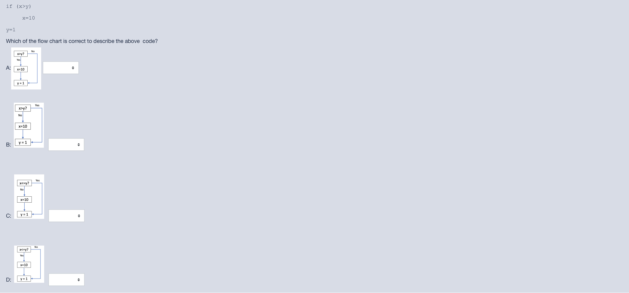 Solved if (x>y) x=10 y=1 Which of the flow chart is correct | Chegg.com