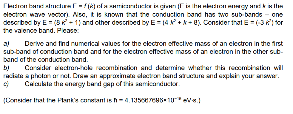 Solved Electron band structure E = f(k) of a semiconductor | Chegg.com