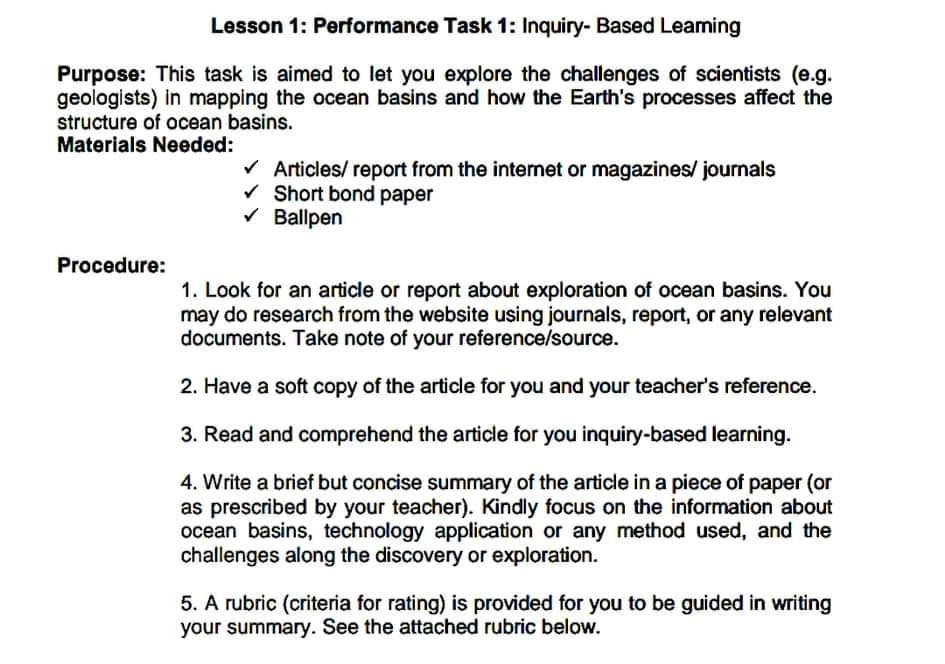 Solved Lesson 1: Performance Task 1: Inquiry-Based Leaming | Chegg.com