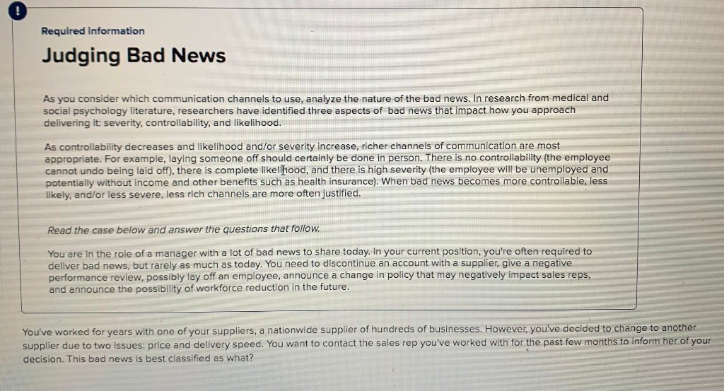 Solved Required information Judging Bad News As you consider | Chegg.com