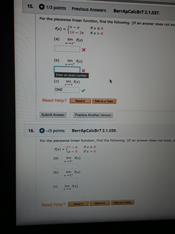 Solved 15. + 1/3 points Previous Answers BerrApCalcBr7 | Chegg.com