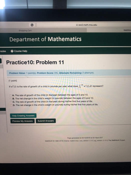 Solved 을 ww2.math.msu.edu Shopping Cart WeBWor Department of | Chegg.com