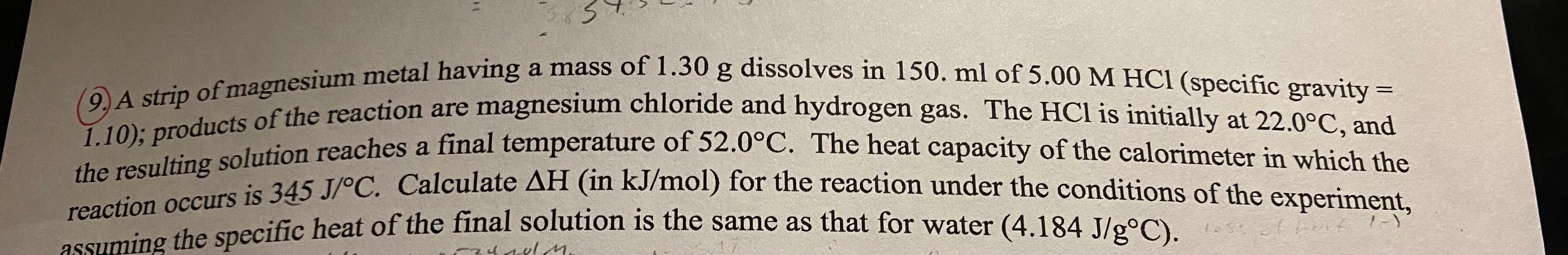 Solved (9.) A strip of magnesium metal having a mass of 1.30 | Chegg.com