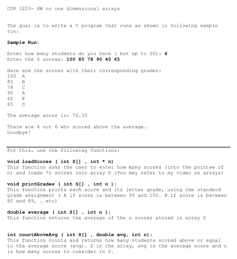 Solved Cop 3223 Hw On One Dimensional Arrays The Goal Is To 