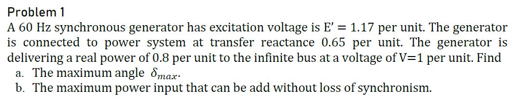 Solved Problem 1A 60Hz ﻿synchronous generator has excitation | Chegg.com