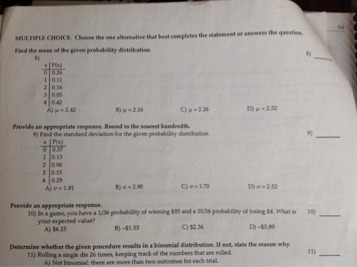 Solved 64 MULTIPLE CHOICE. Ch oose the one alternative that | Chegg.com