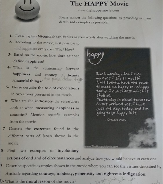 Solved The HAPPY Movie www.thehappymovie.com Please answer | Chegg.com