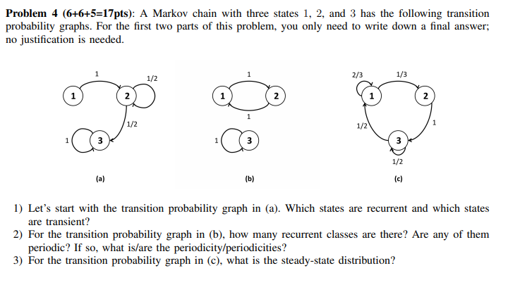 Solved Problem 4 (6+6+5=17pts): A Markov chain with three | Chegg.com