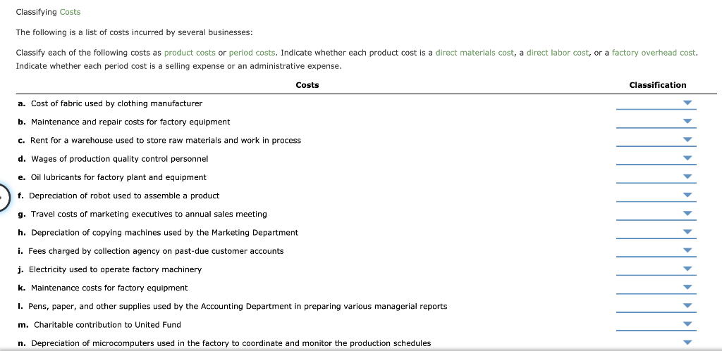 Solved Classifying Costs The following is a list of costs | Chegg.com