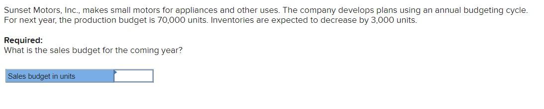 Solved Sunset Motors, Inc., makes small motors for | Chegg.com
